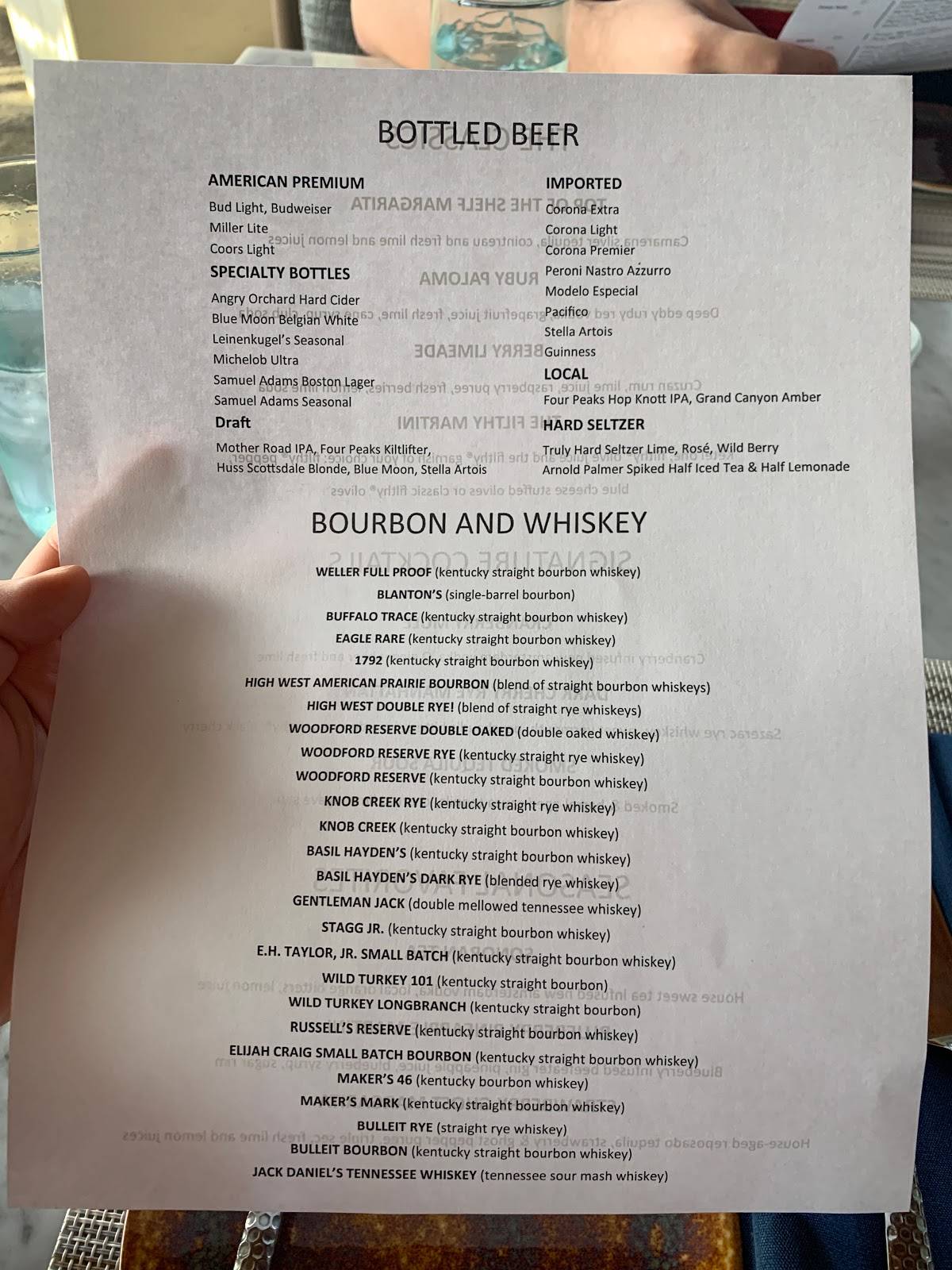 Menu at Top of the Rock Restaurant, Tempe