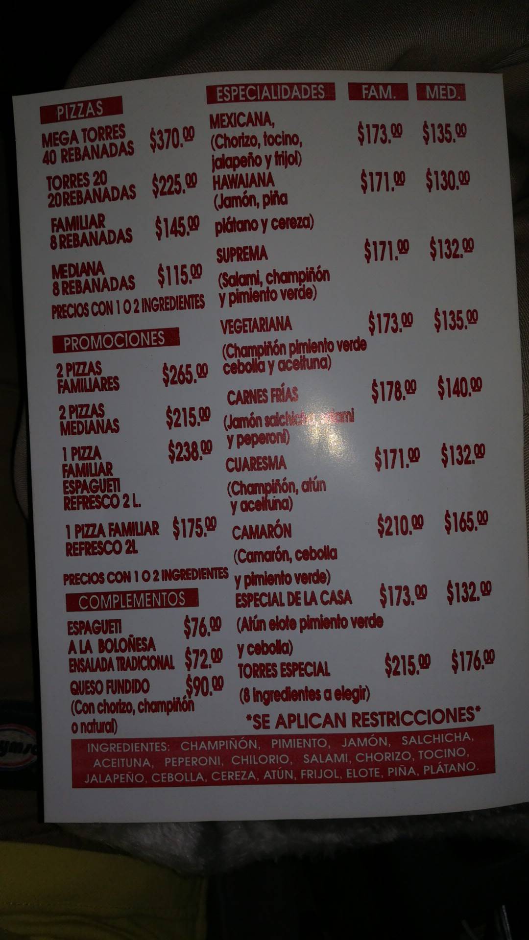 Menu at Torres Pizza restaurant, Mazatlán, Av. Real del Pacífico 7130