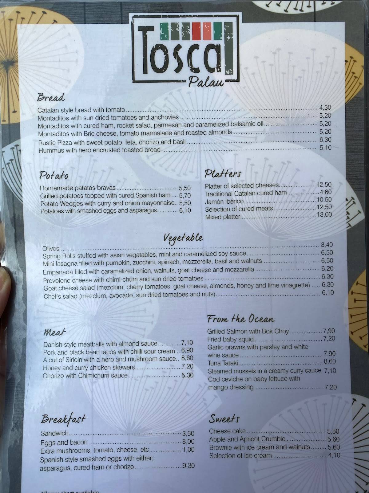 Menu at Tosca Tapas y Vino pub & bar, Barcelona