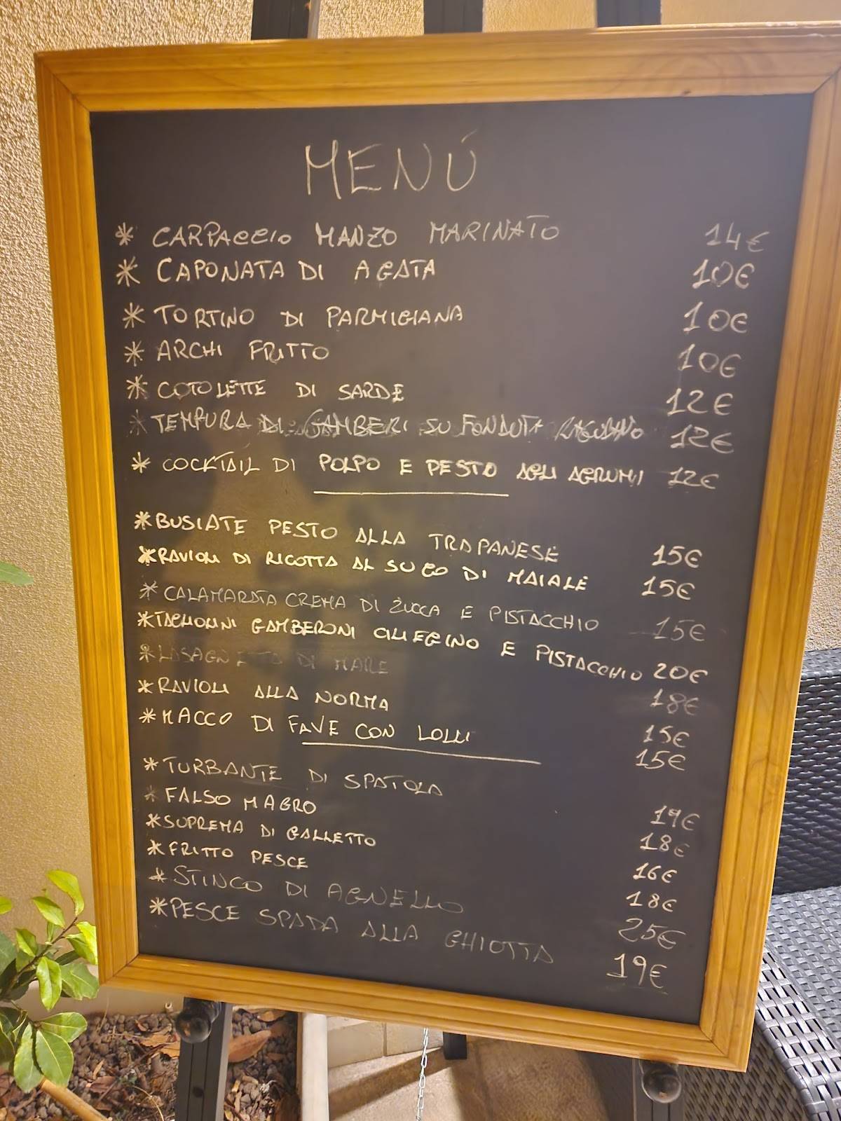 Menu at Trattoria Agli Archi restaurant, Ragusa