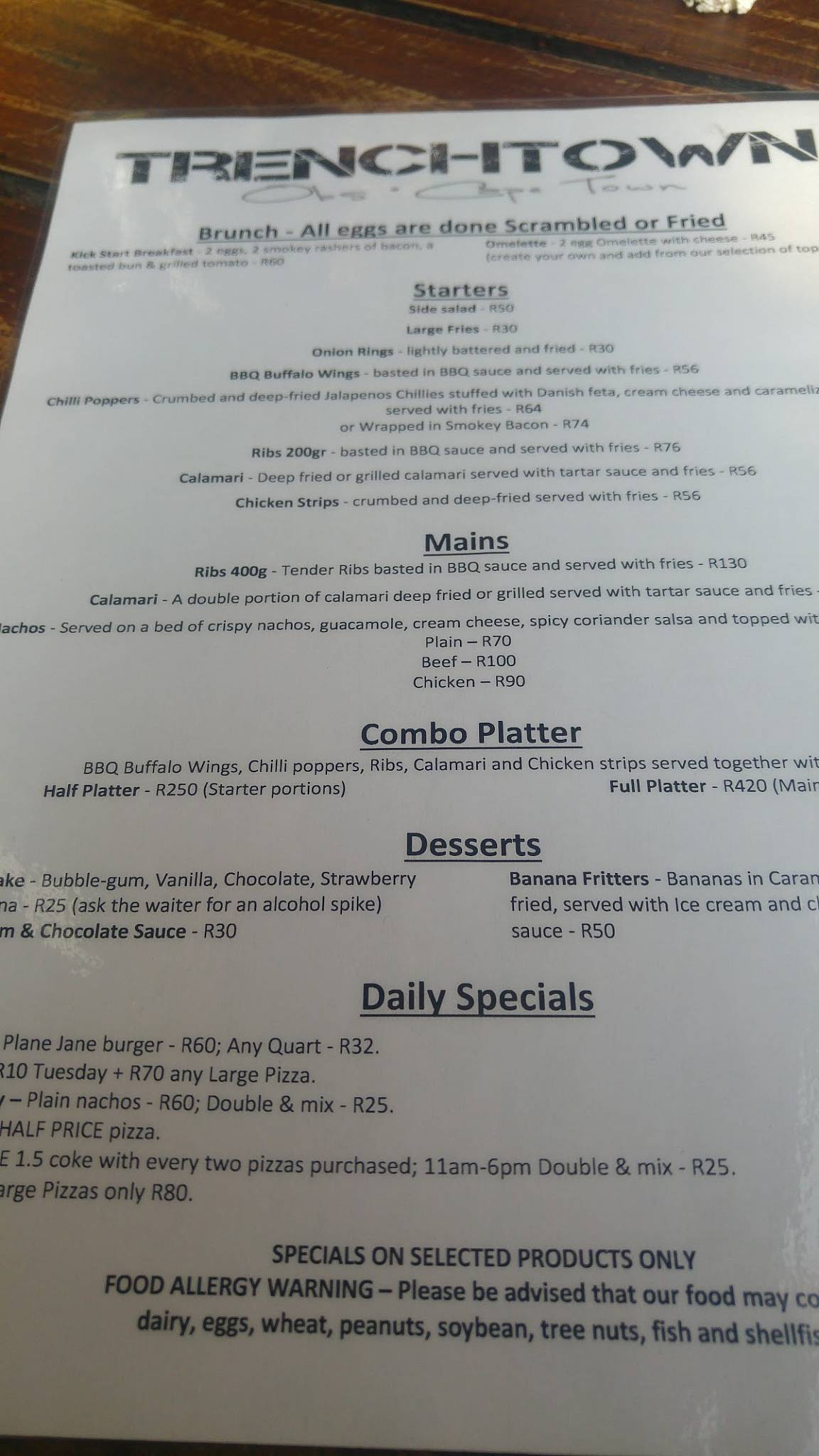 Menu at Trenchtown pub & bar, Cape Town