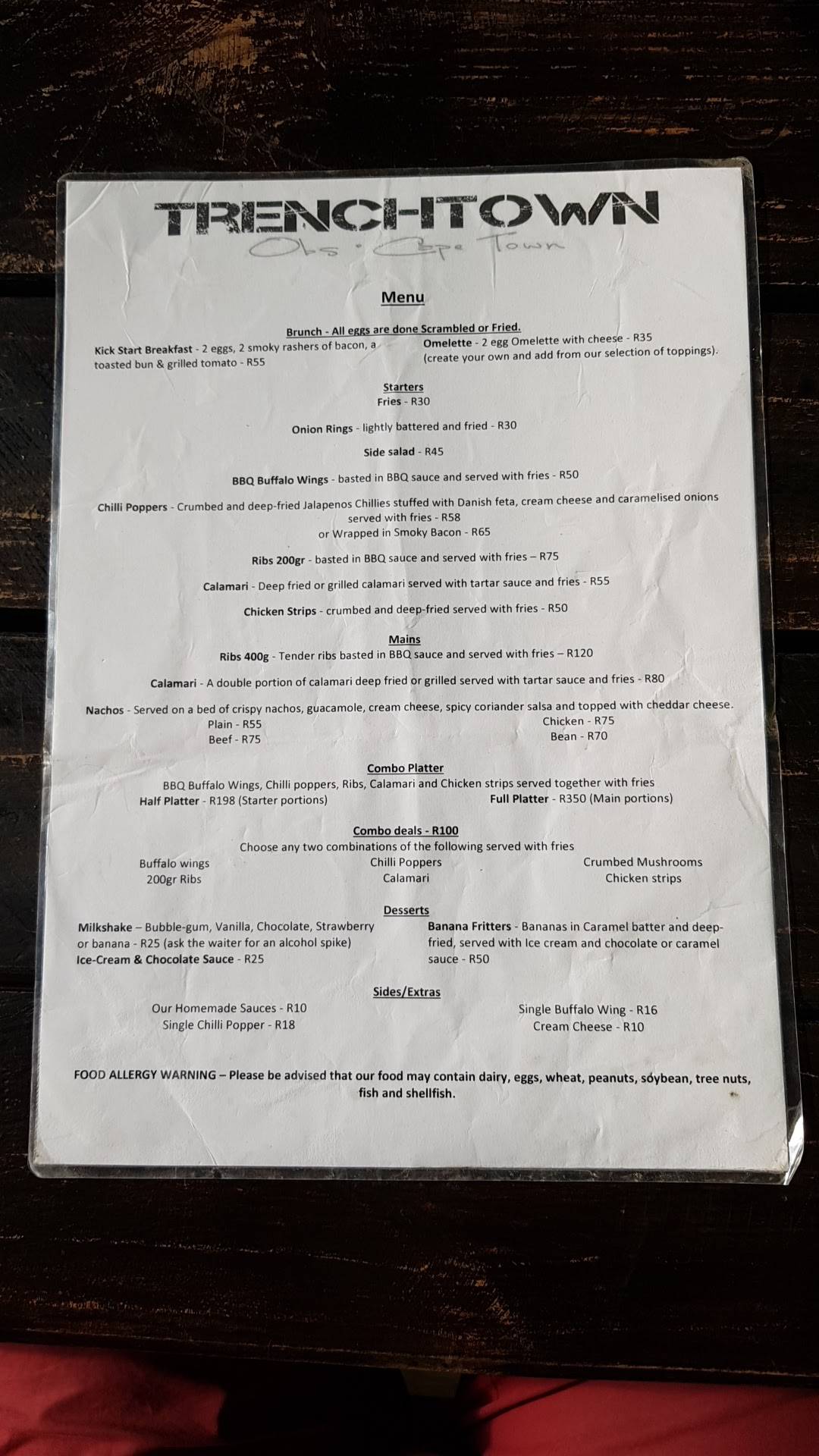 Menu at Trenchtown pub & bar, Cape Town