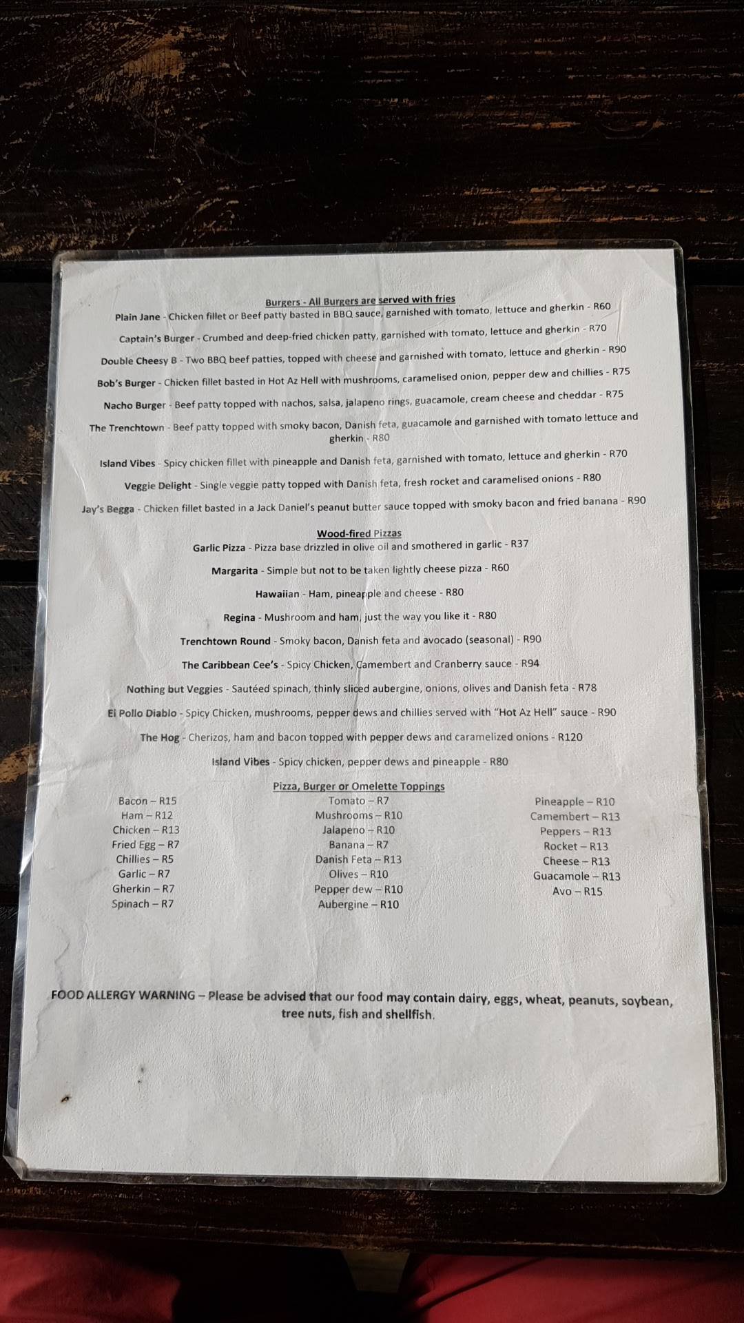Menu at Trenchtown pub & bar, Cape Town