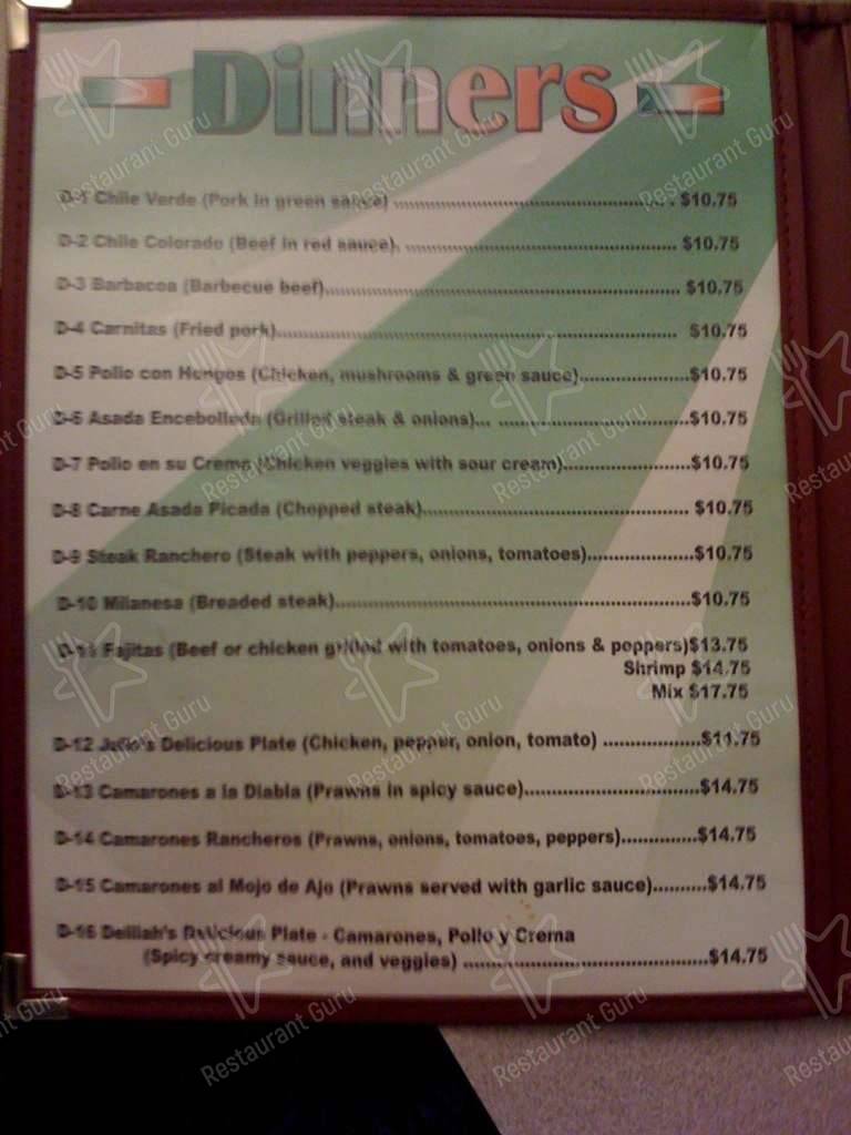 Menu at Trevino's restaurant, Merced