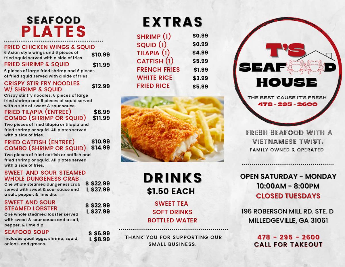 Menu at T’s Seafood House restaurant, Milledgeville