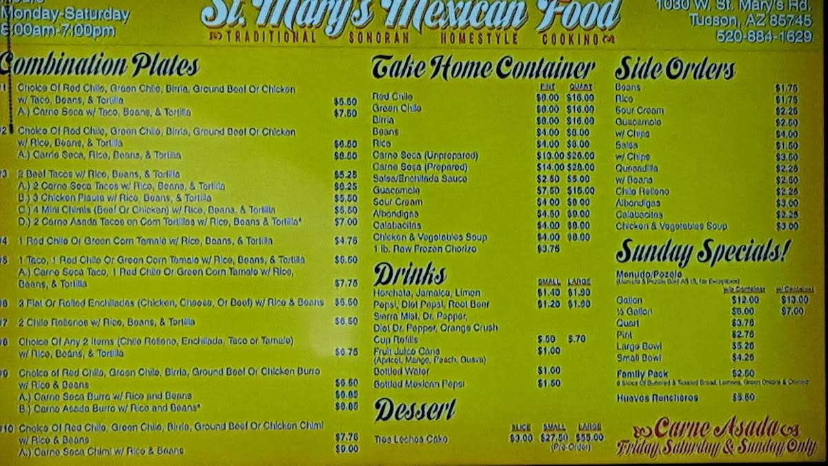 Menu at St. Mary's Mexican Food restaurant, Tucson