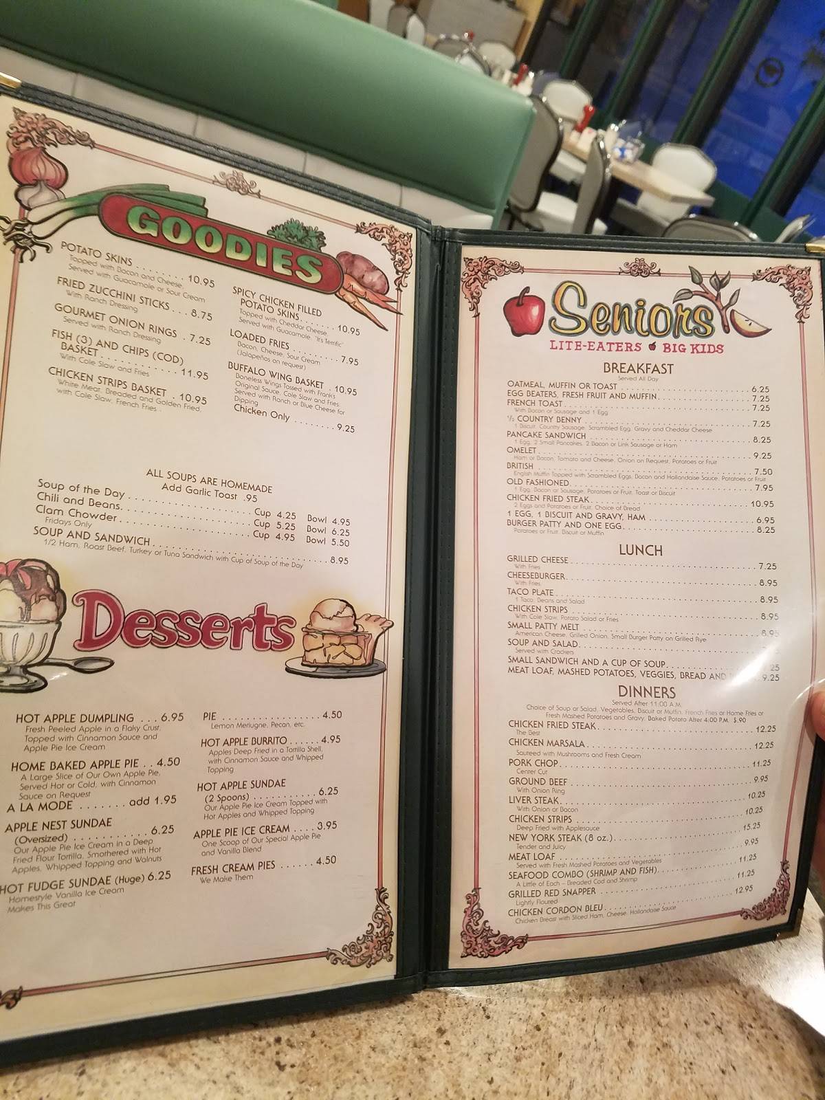 Menu at Apple Annie's restaurant, Tulare