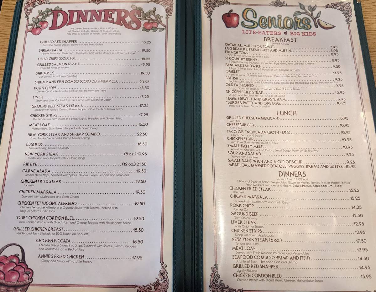 Menu at Apple Annie's restaurant, Tulare
