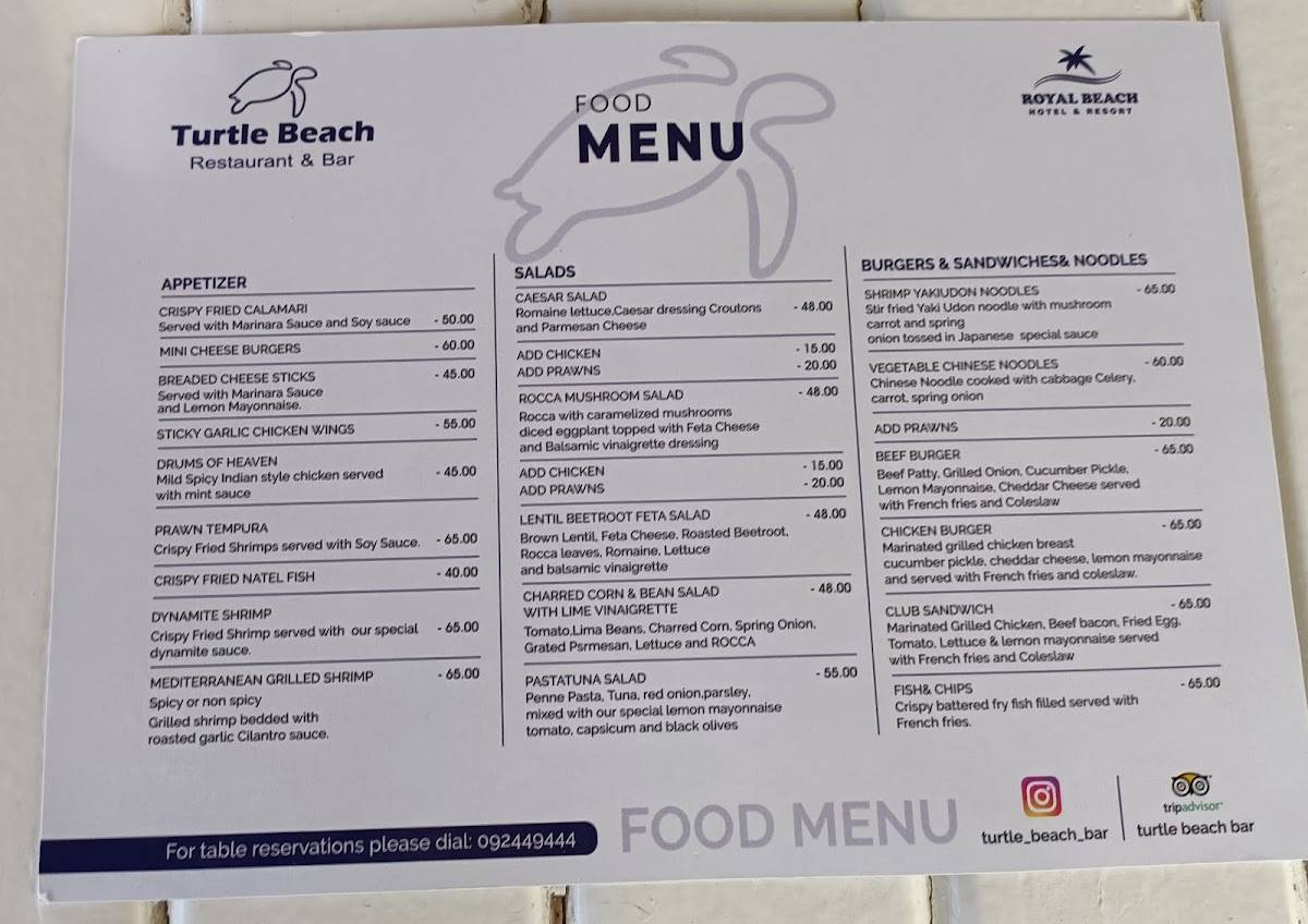 Menu at Turtle Beach restaurant, Dibba Al Fujairah
