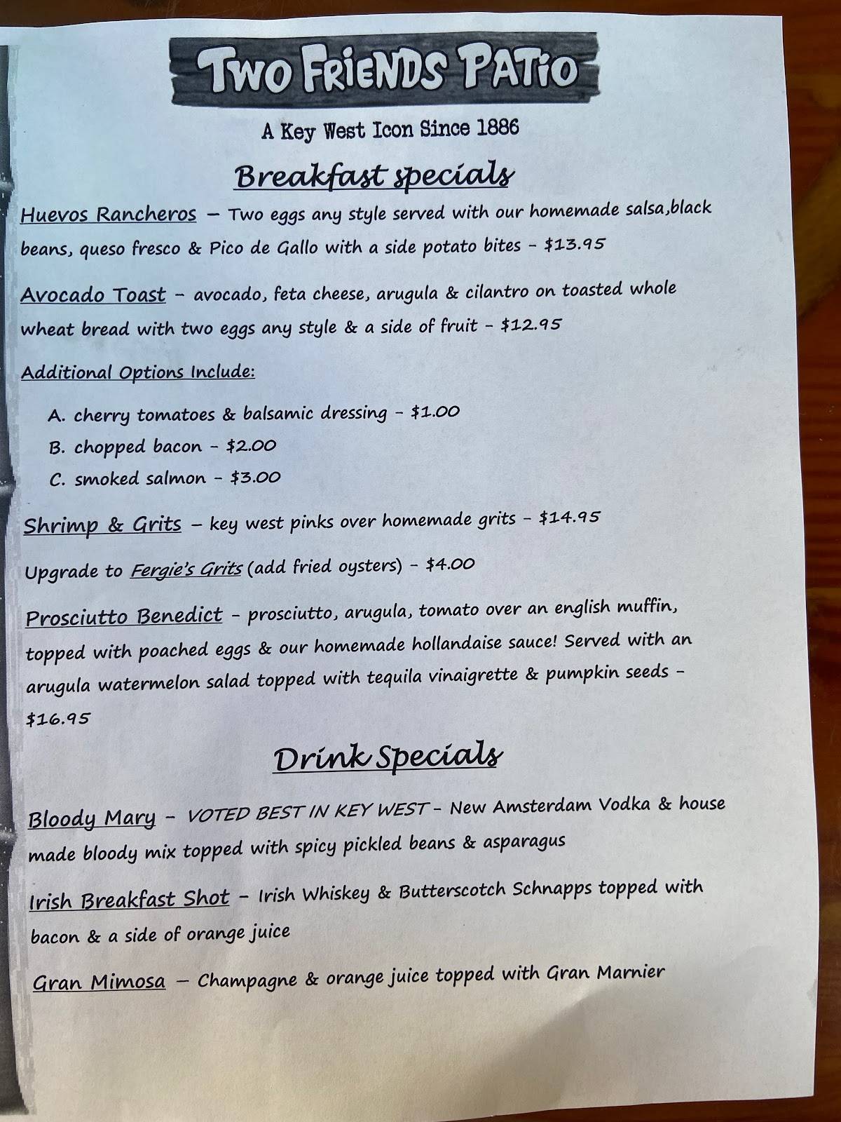 Menu at Two Friends Patio Restaurant, Key West