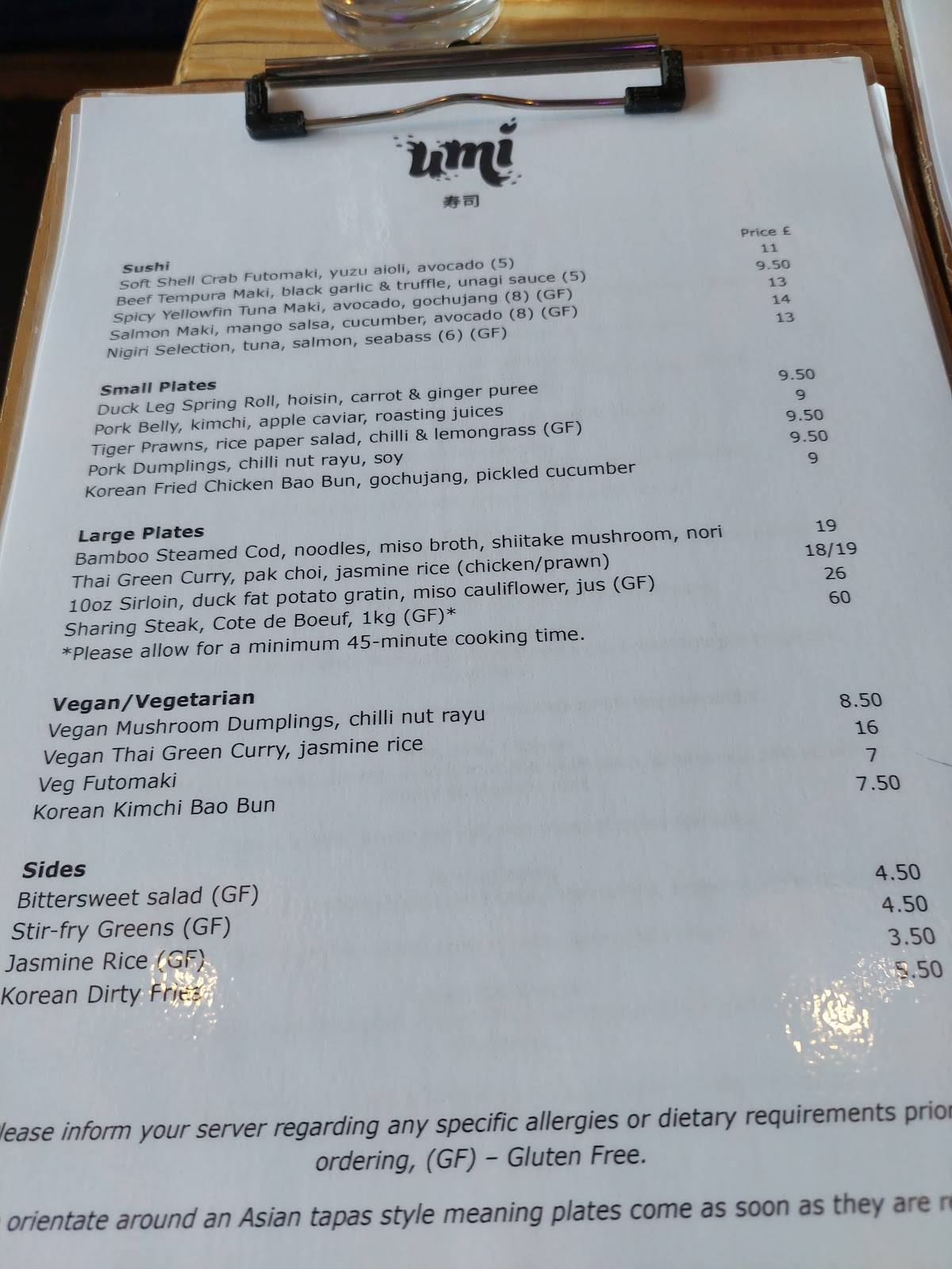 Menu at Umi restaurant, Londonderry