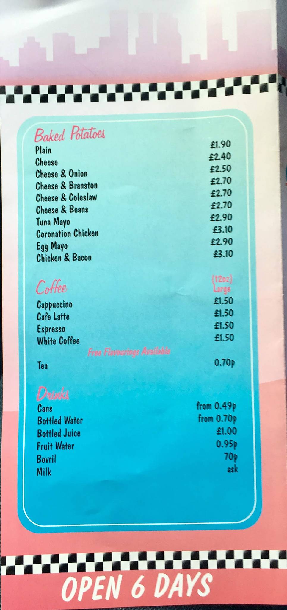 Menu at Upper Crust fast food, Motherwell, 2 Gavin St