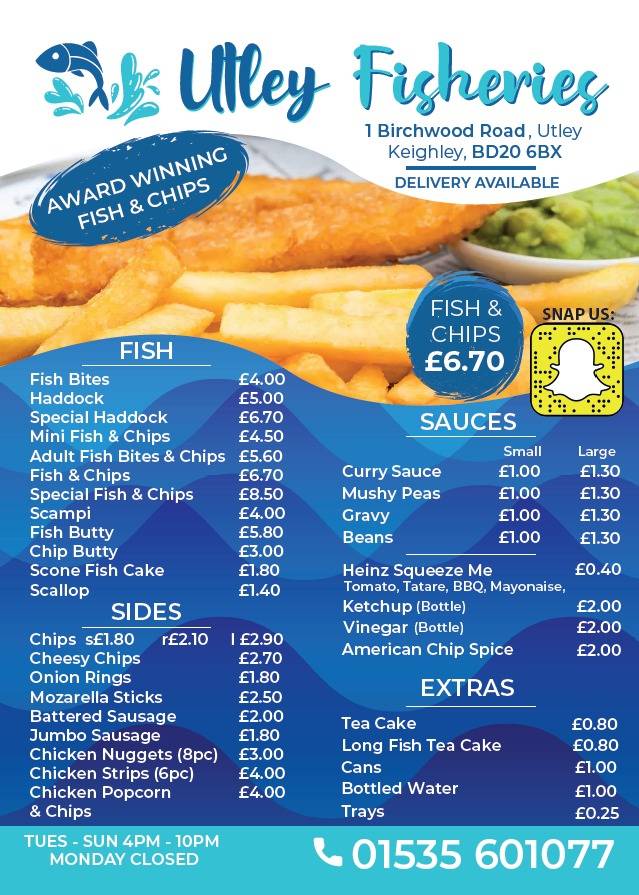 Menu at Utley Fisheries restaurant, Keighley
