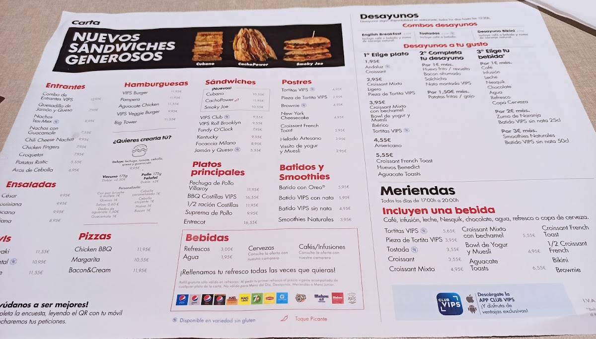 Carta del restaurante VIPS, Madrid, Calle Arturo Soria