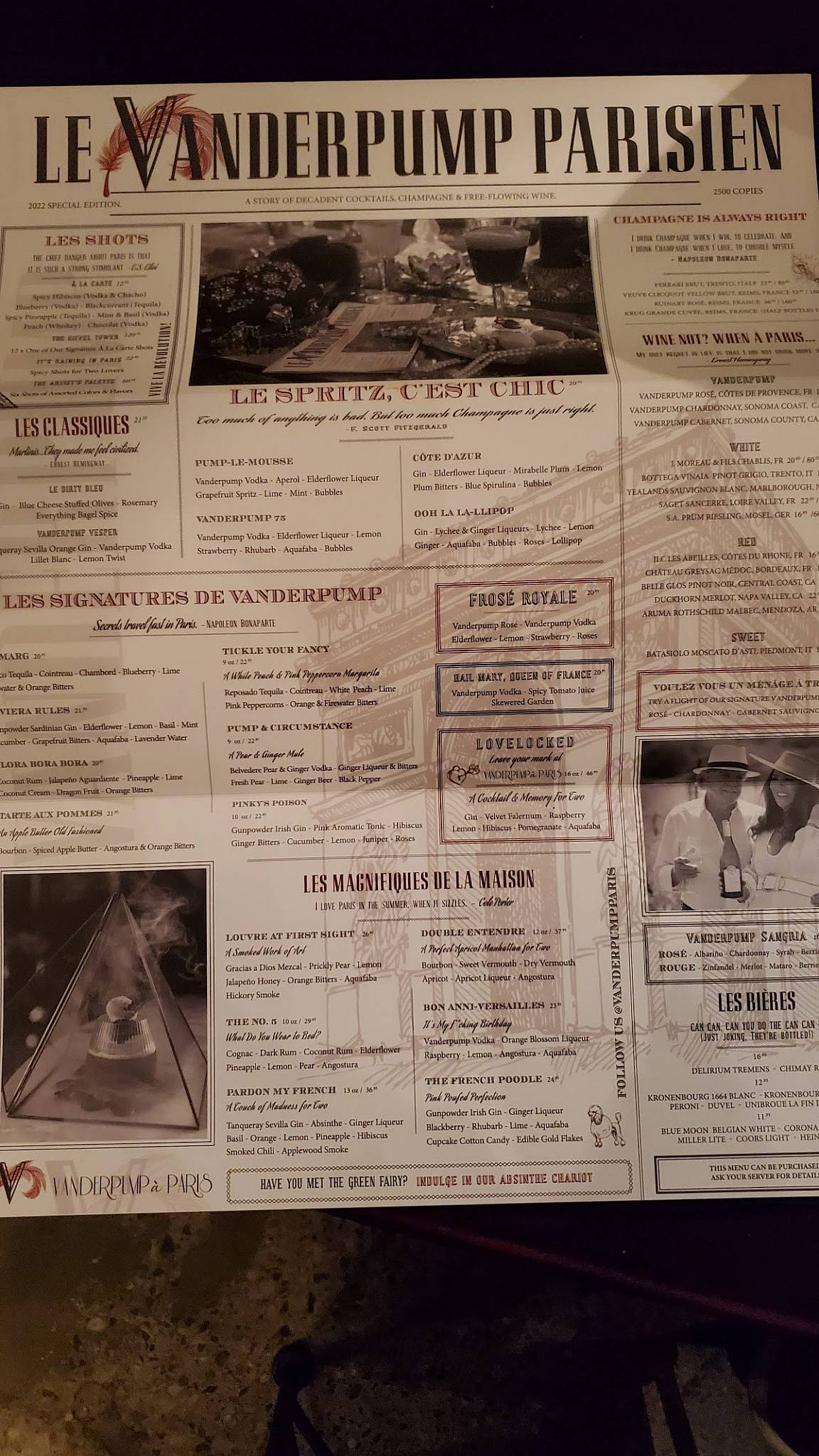 Menu at Vanderpump à Paris pub & bar, Las Vegas