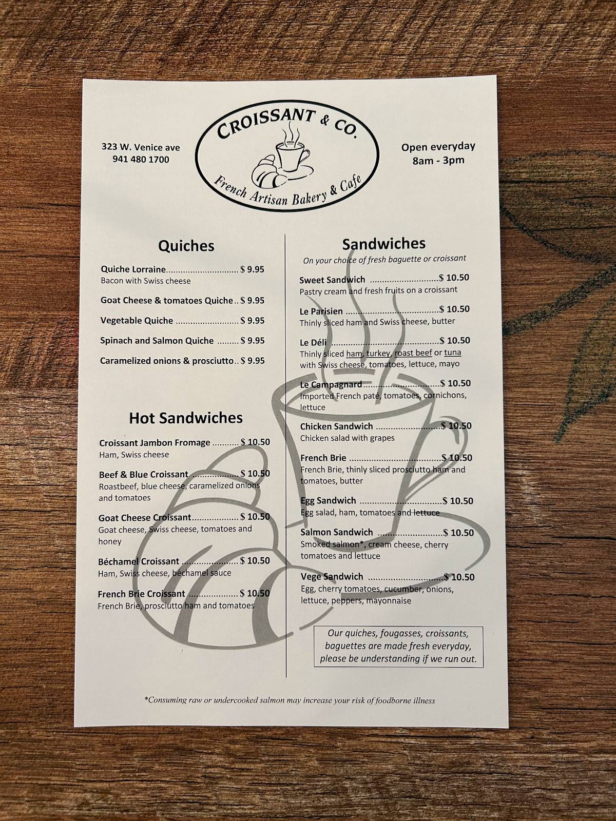 Menu at Croissant & Co cafe, Venice