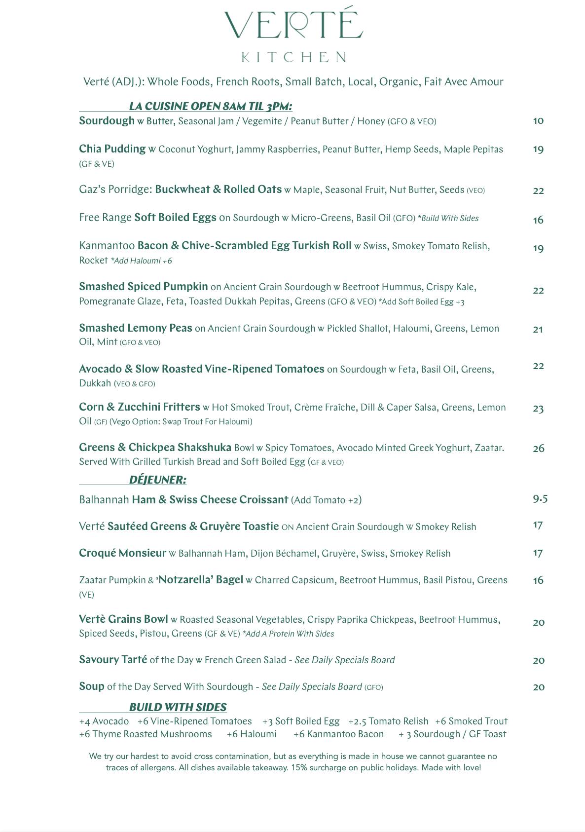Menu at Verté Kitchen cafe, Mylor