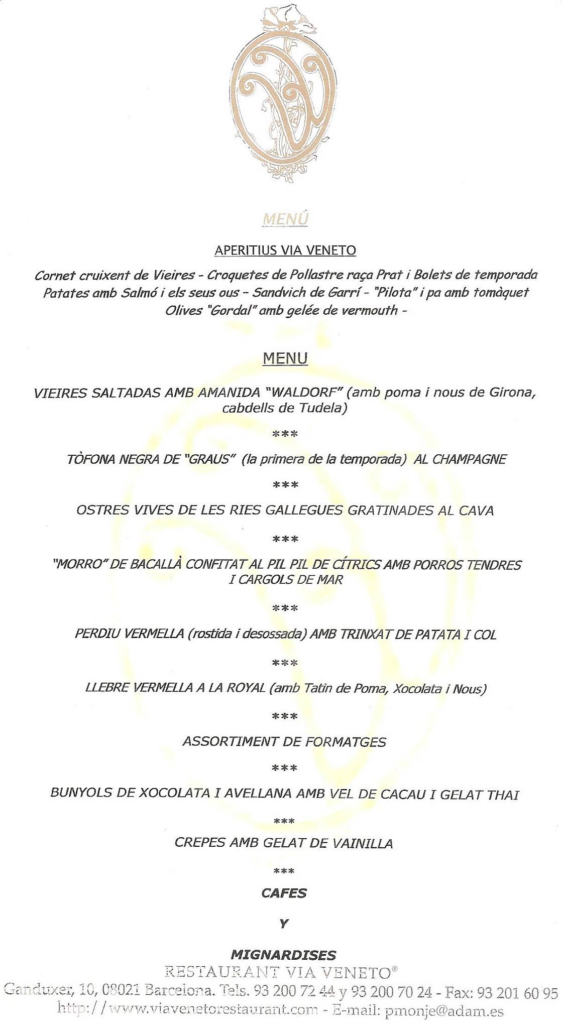 Menu at Via Veneto restaurant, Barcelona