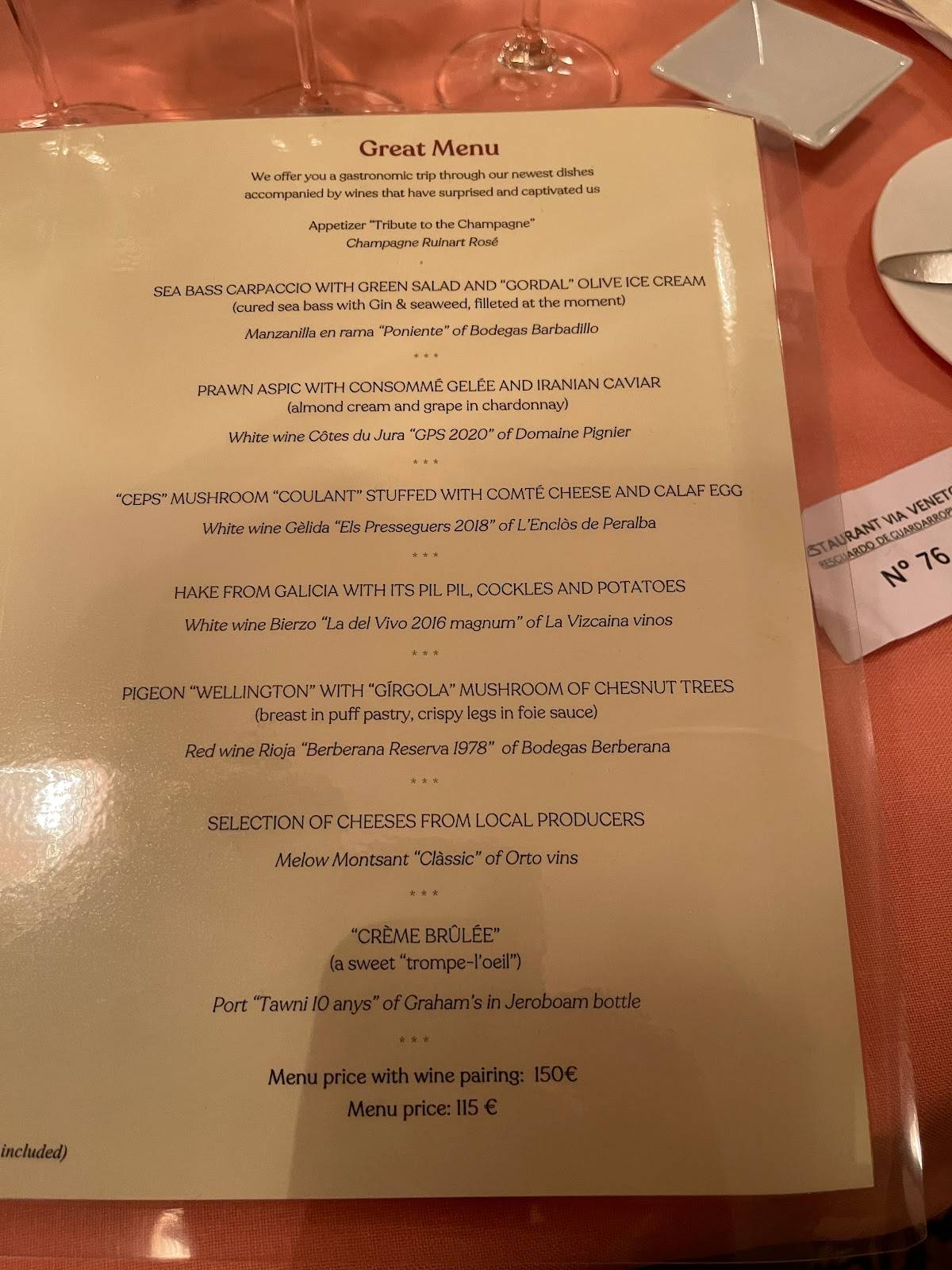 Menu at Via Veneto restaurant, Barcelona