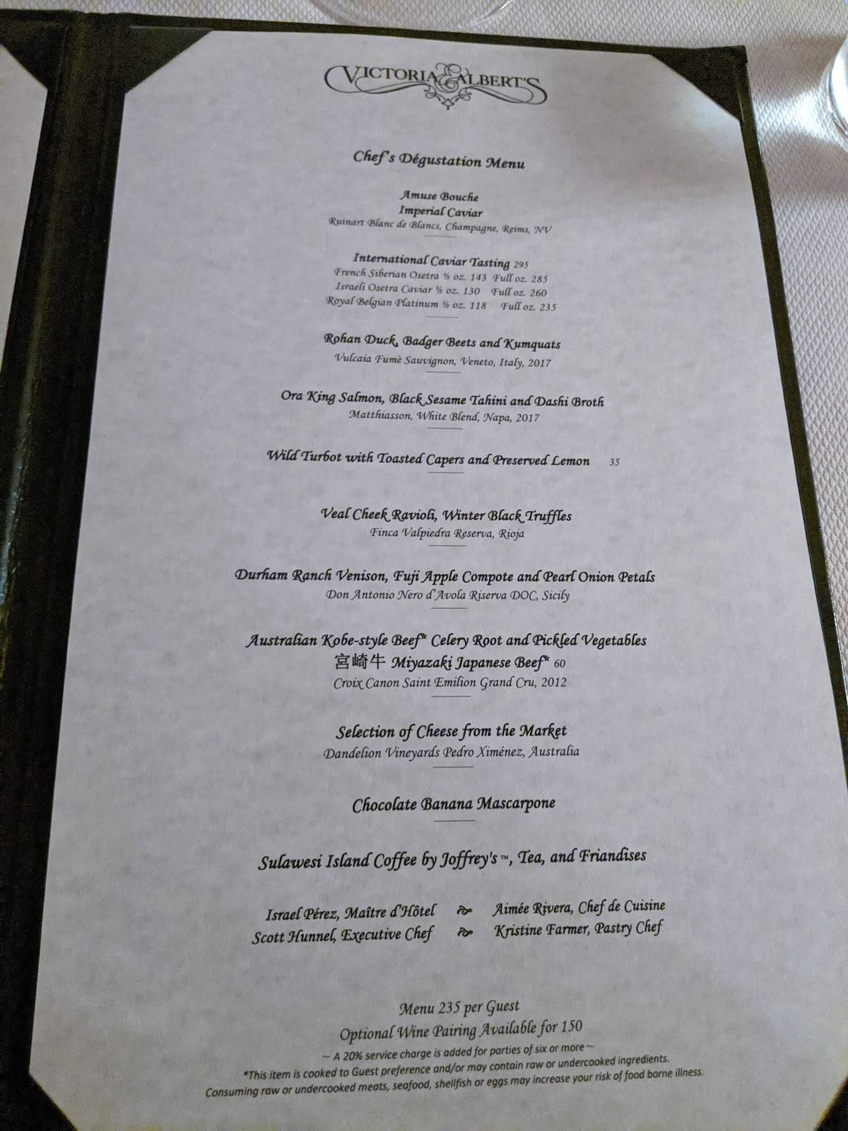 Menu at Victoria & Albert's restaurant, Orlando