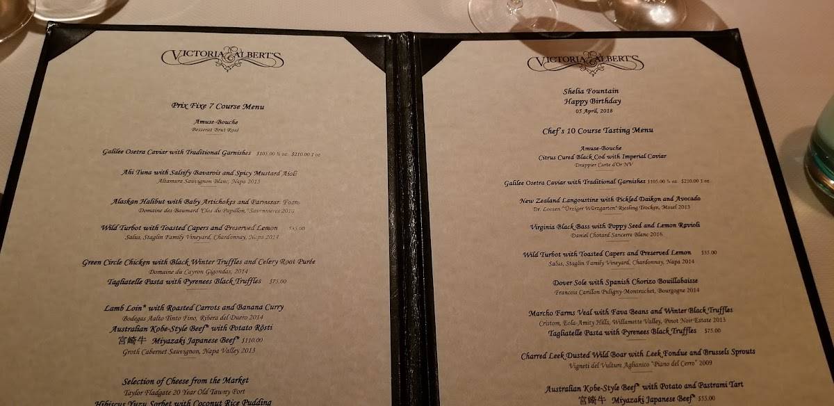 Menu at Victoria & Albert's restaurant, Orlando