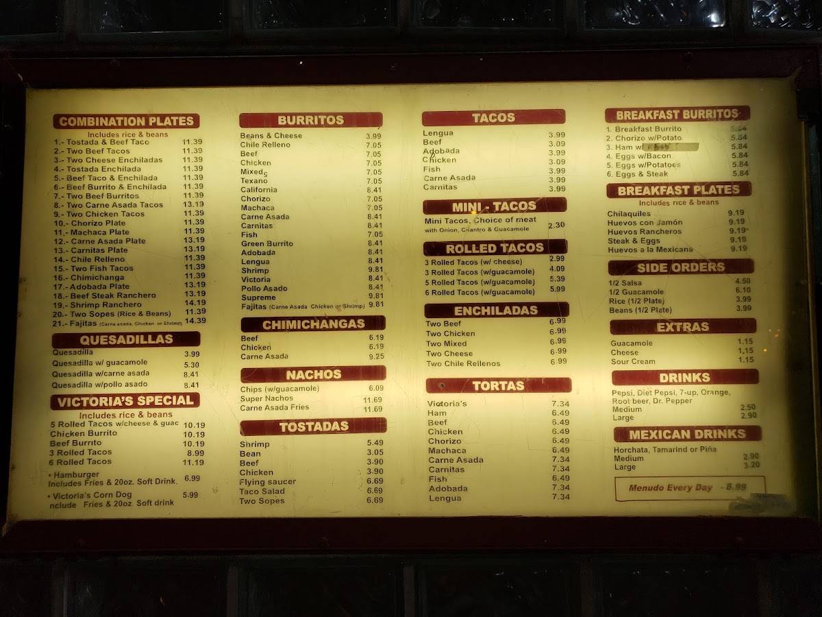 Menu at Victoria's 24hr Mexican Drive Thru restaurant, Merced