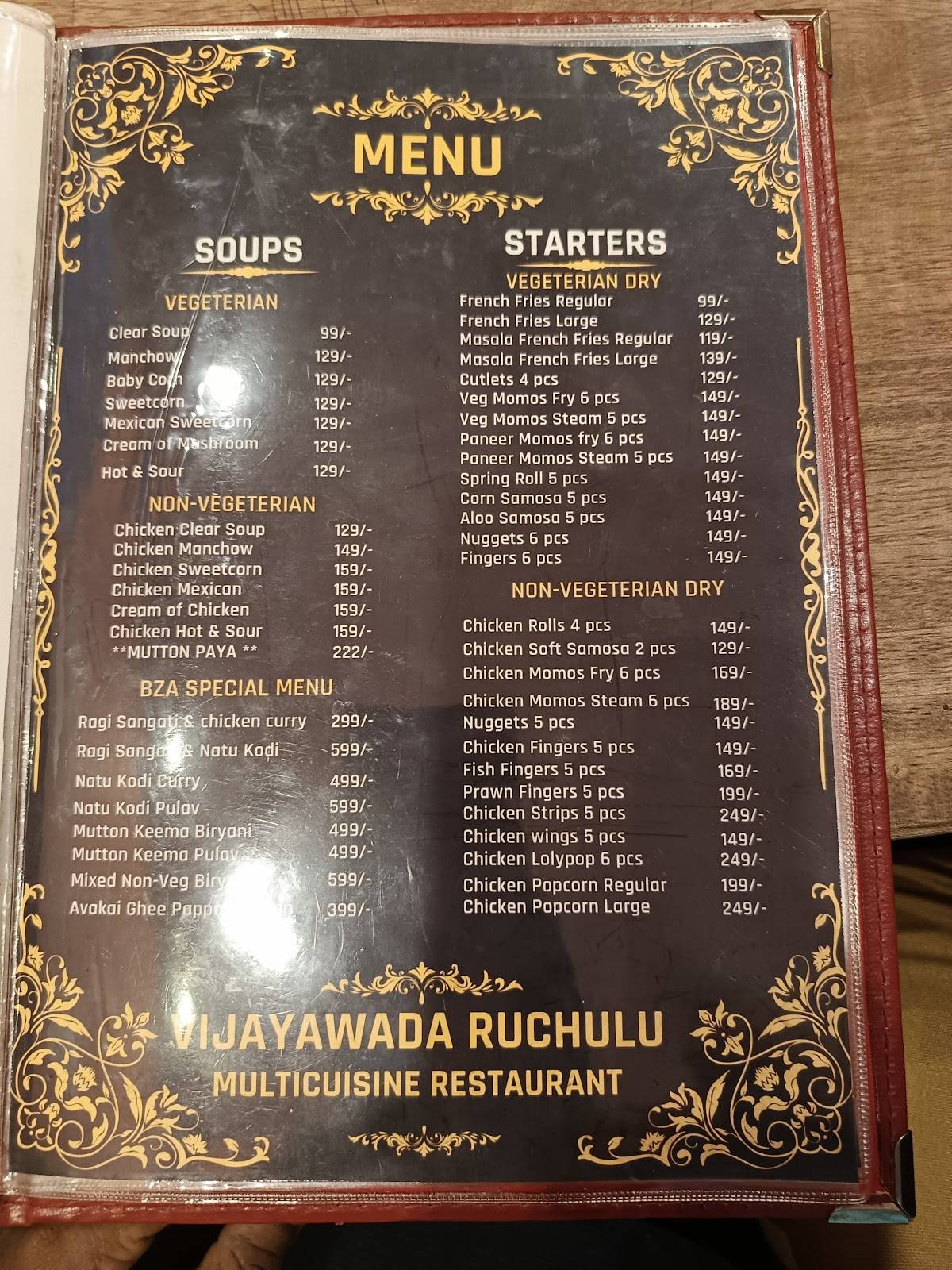 Menu at Vijayawada Ruchulu, Visakhapatnam