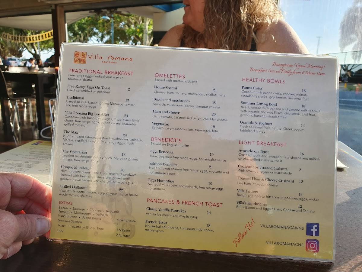Menu at Villa Romana restaurant, Cairns, 99 Esplanade