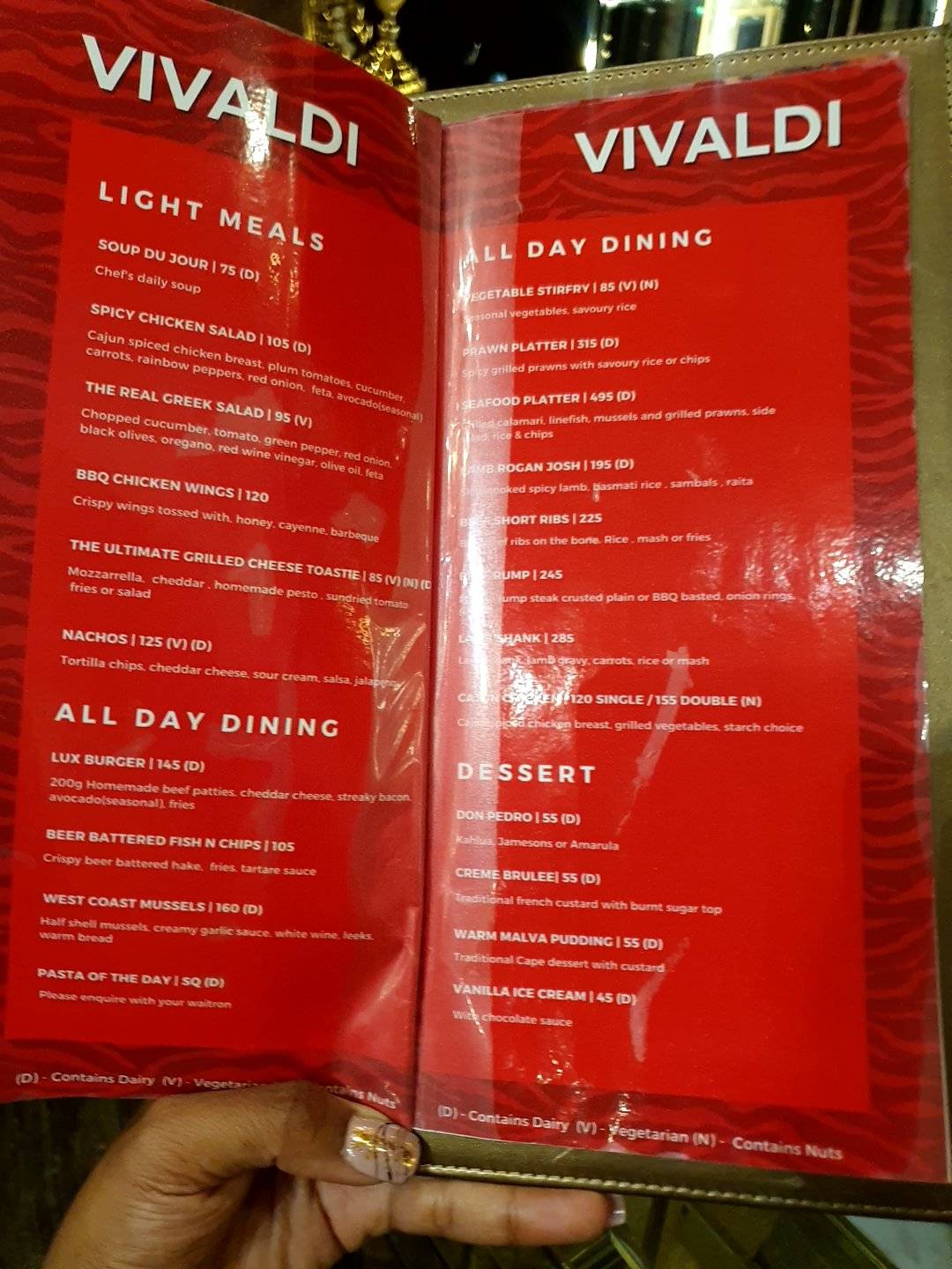 Menu at Vivaldi Restaurant, Cape Town