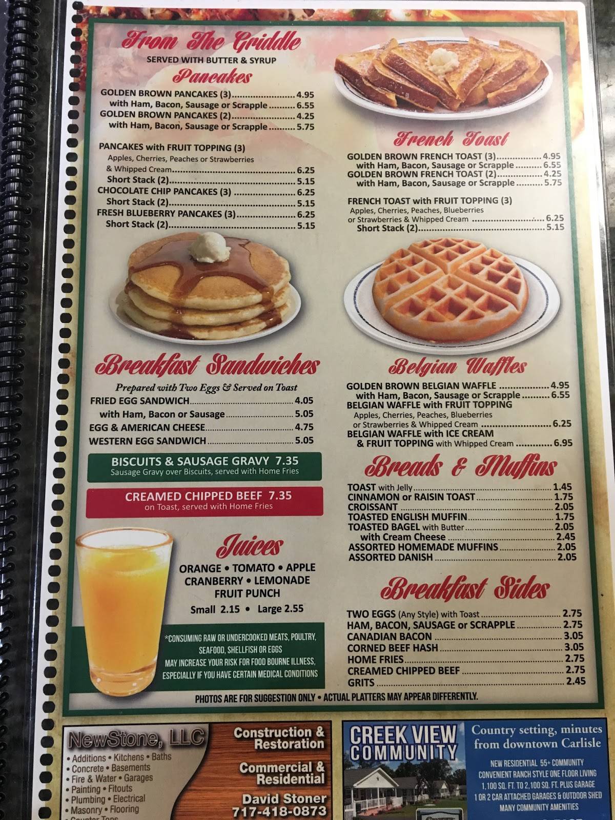 Menu at Walnut Bottom Diner restaurant, Carlisle