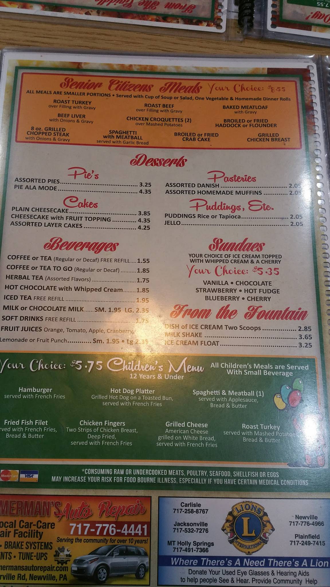Menu at Walnut Bottom Diner restaurant, Carlisle