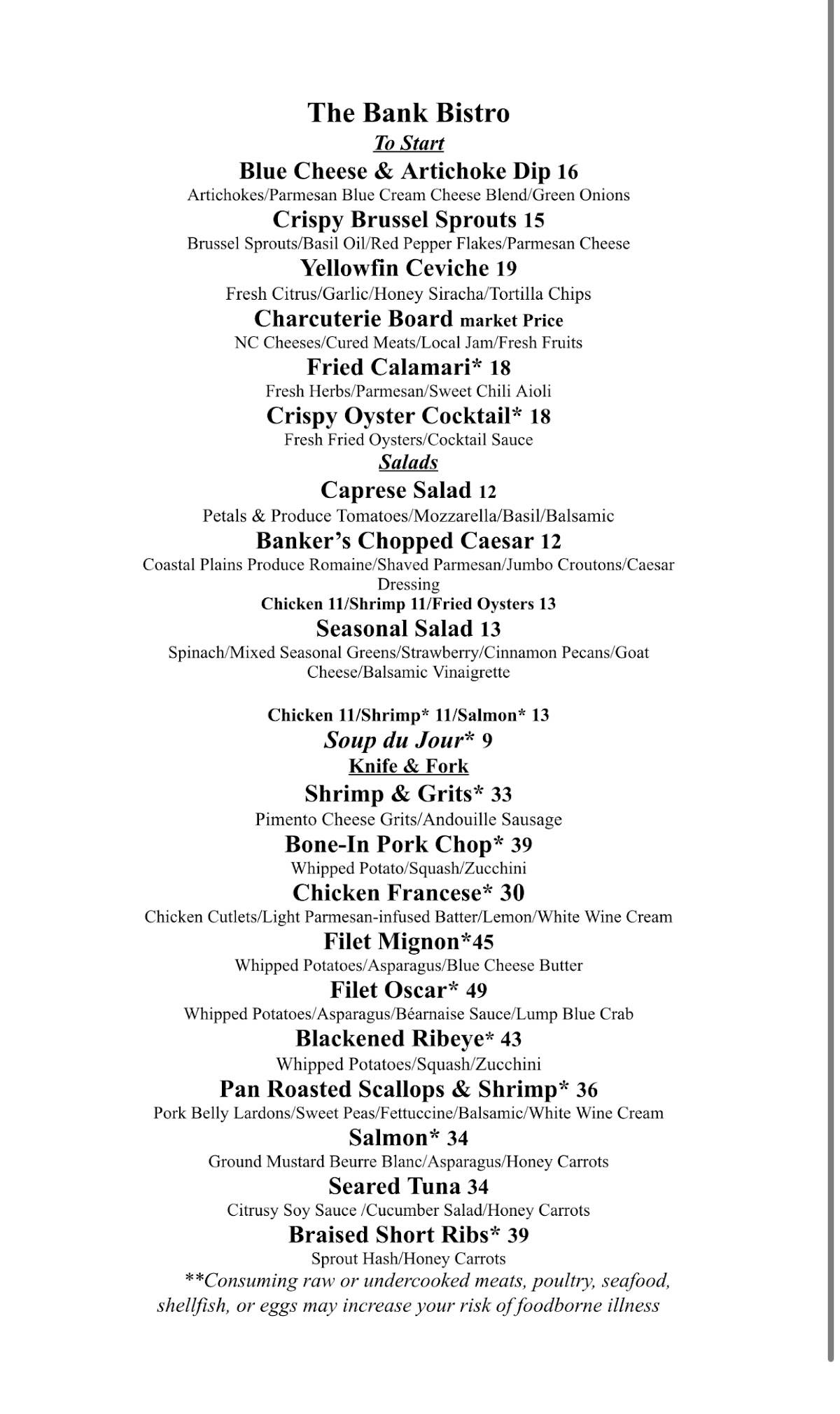 Menu at The Bank Bistro pub & bar, Washington