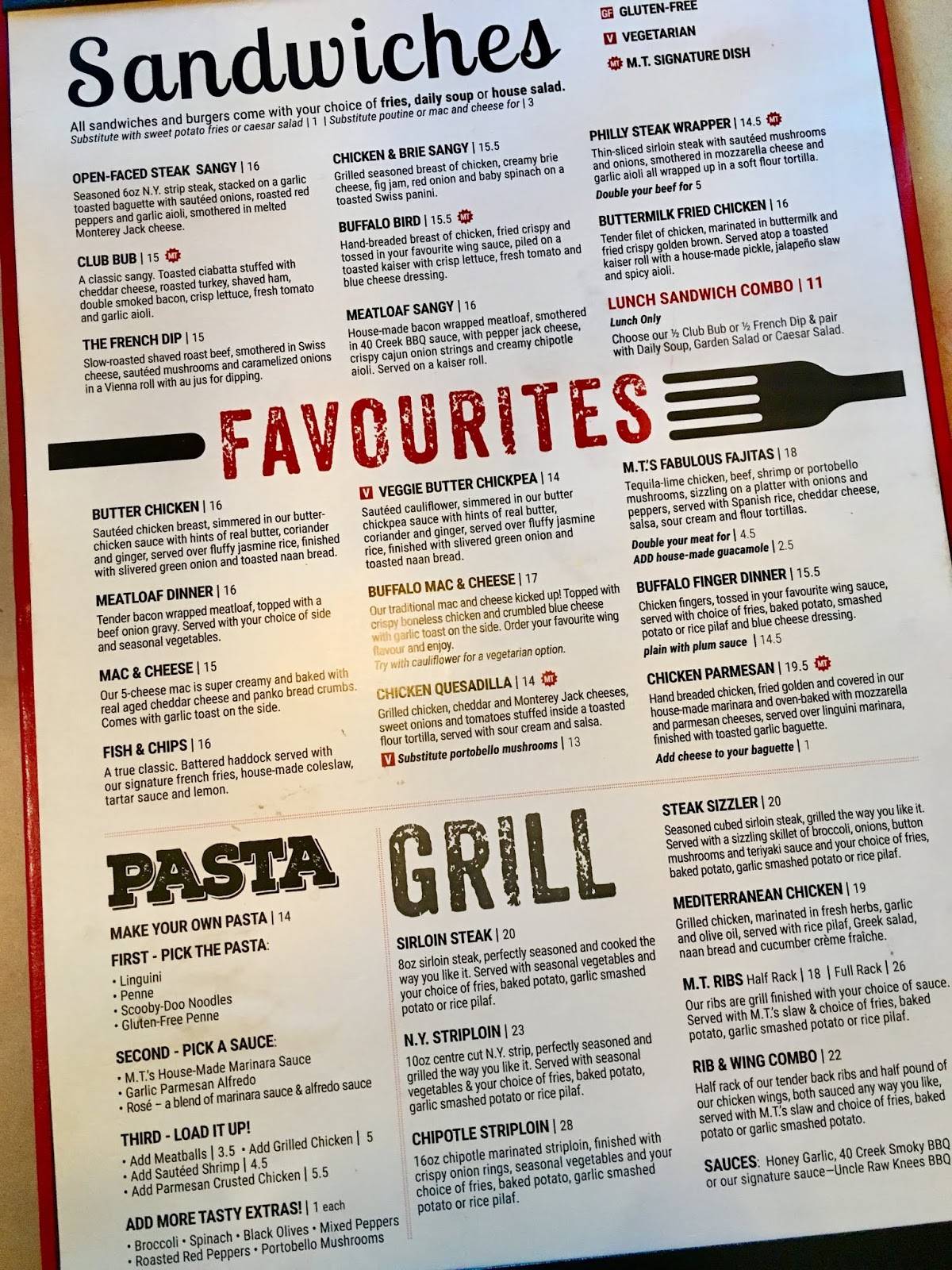 Menu at M.T. Bellies restaurant, Welland