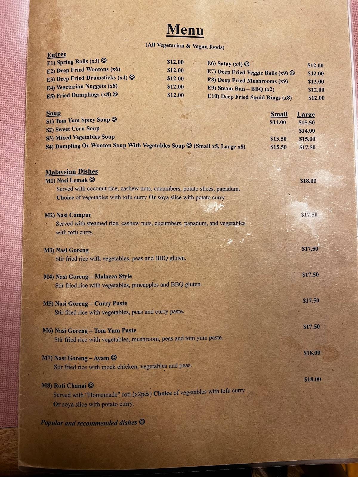 Menu at Aunty Mena's Vegetarian Restaurant & Cafe, Wellington