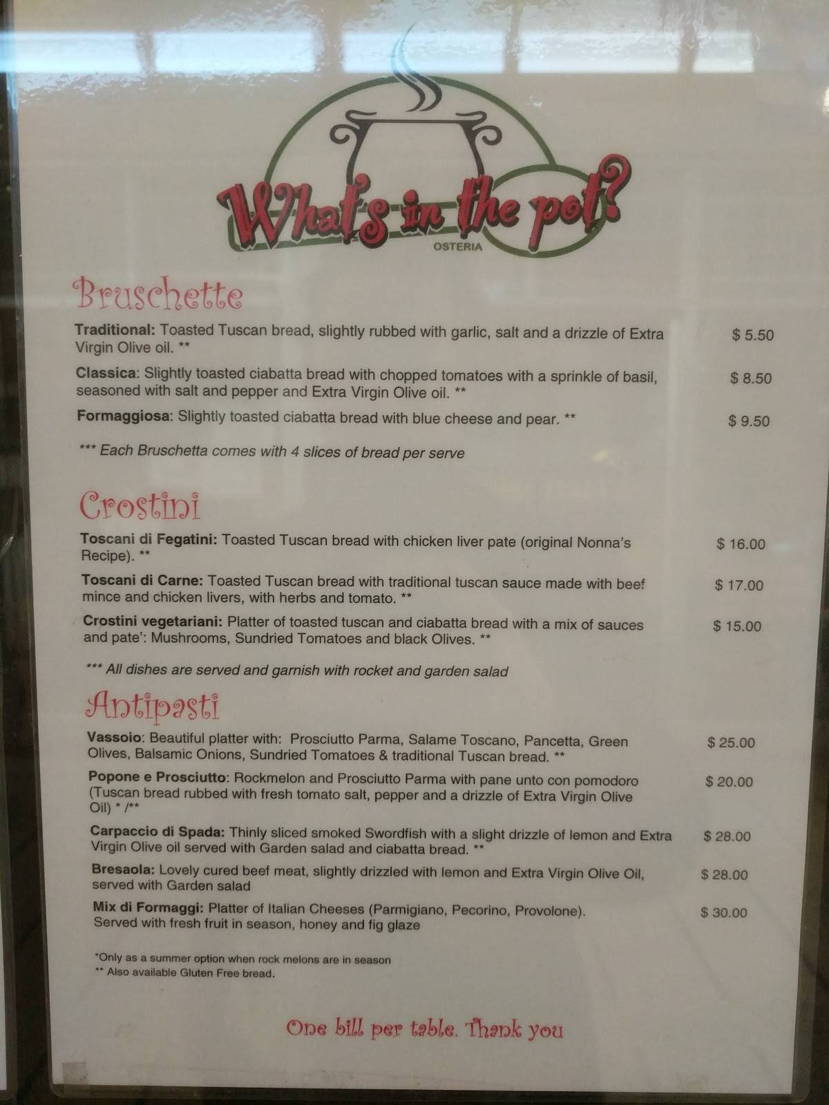 Menu at What's in the Pot? Osteria restaurant, Redcliffe