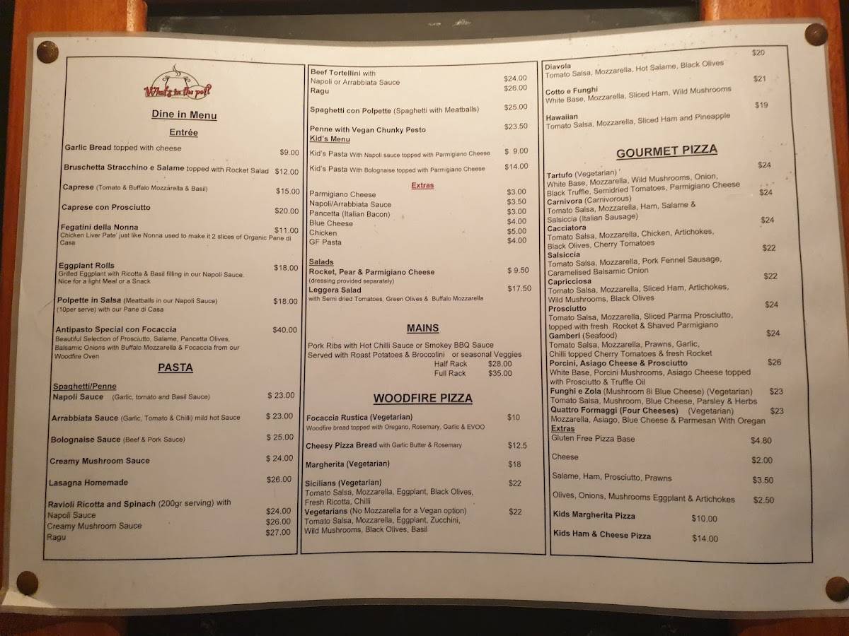 Menu at What's in the Pot? Osteria restaurant, Redcliffe