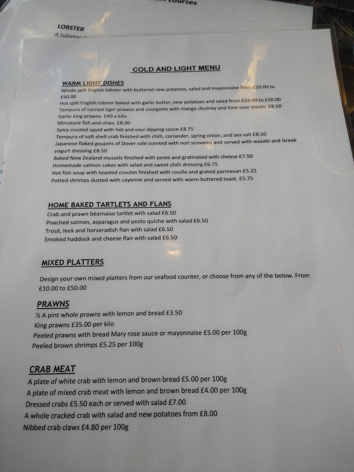 Menu at Wheelers Oyster Bar, Whitstable