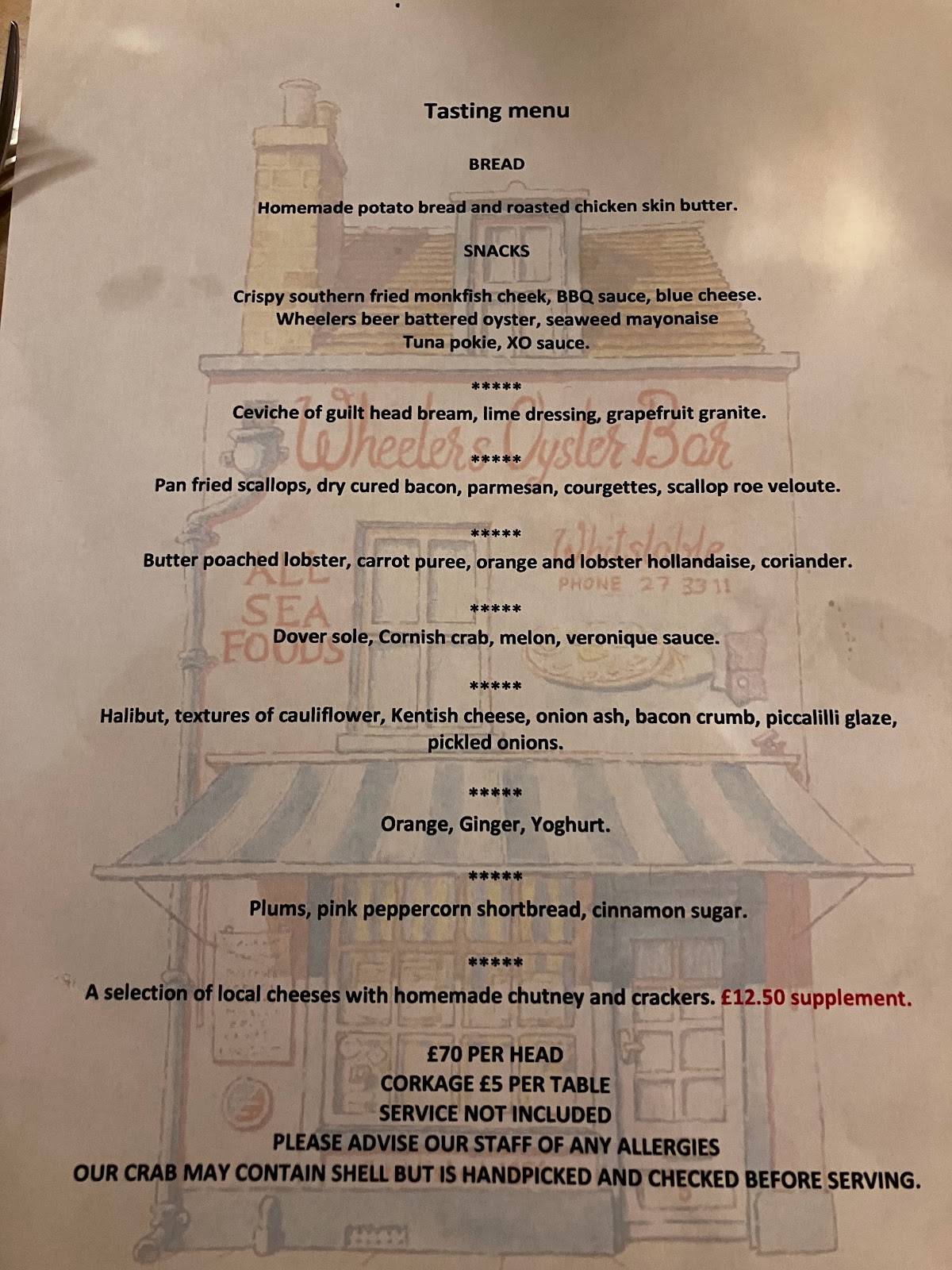 Menu at Wheelers Oyster Bar, Whitstable