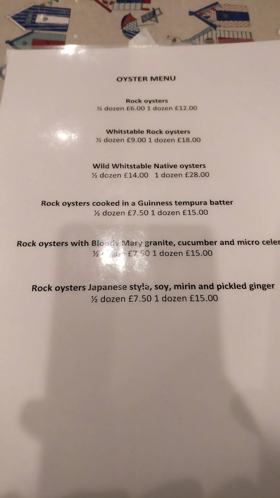 Menu at Wheelers Oyster Bar, Whitstable