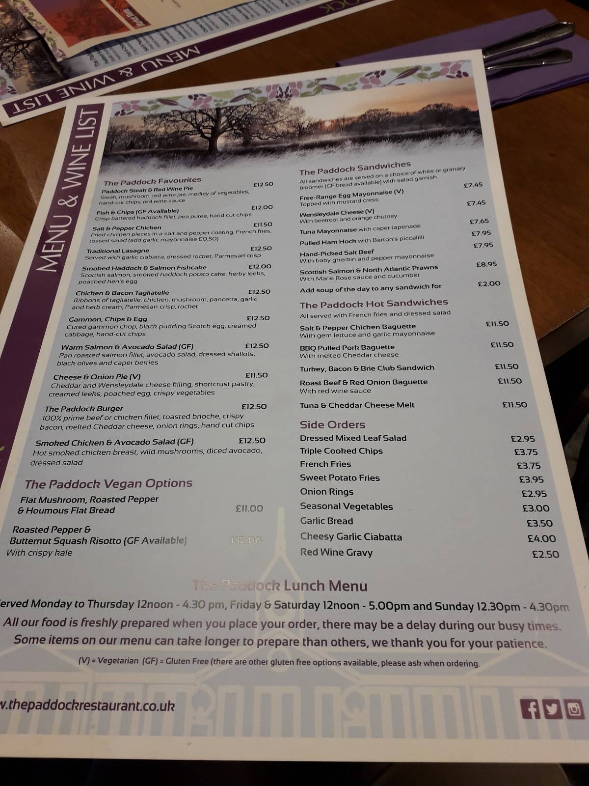 Menu at The Paddock cafe, Wigan