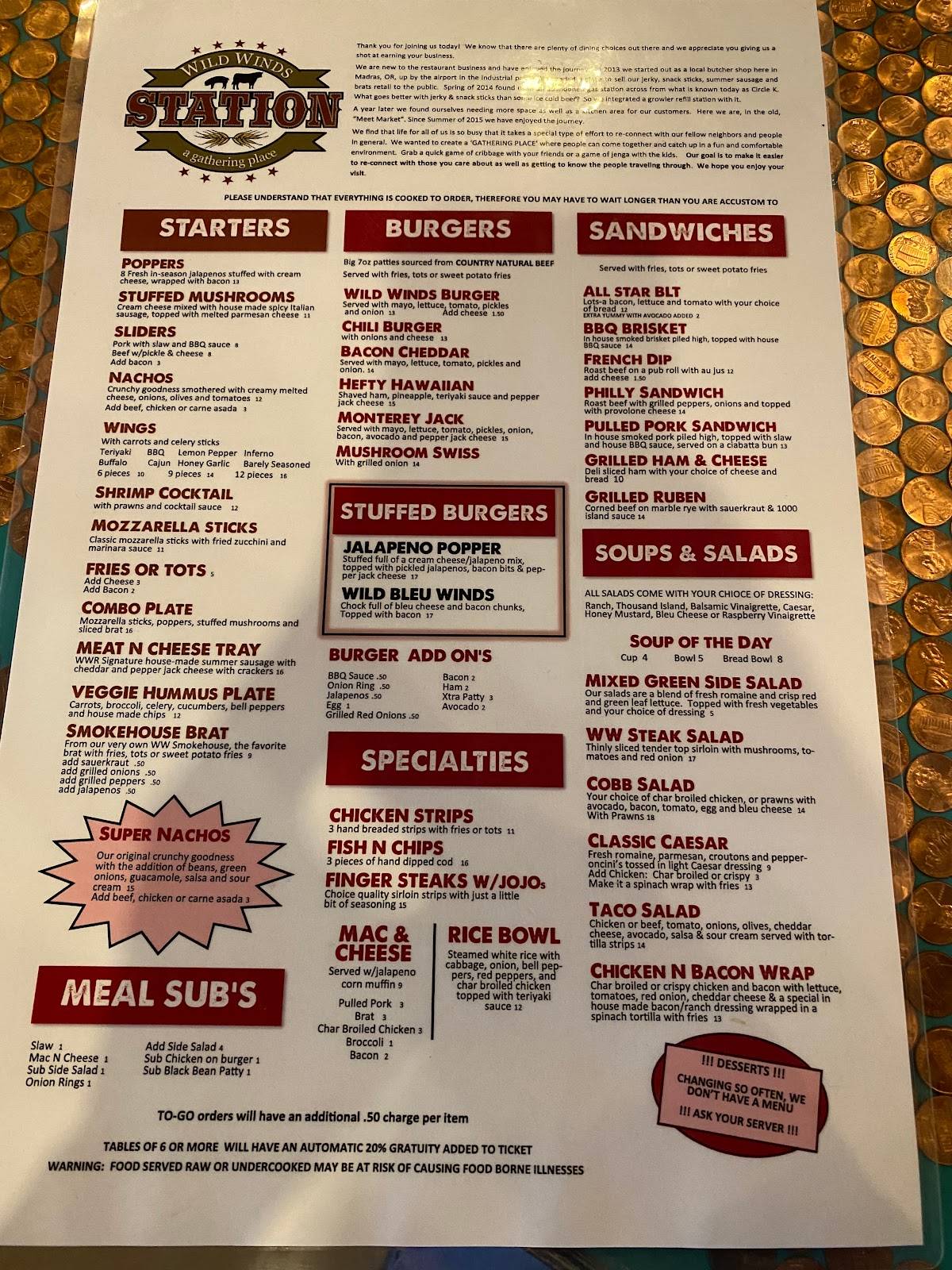 Menu at Wild Winds Station pub & bar, Madras