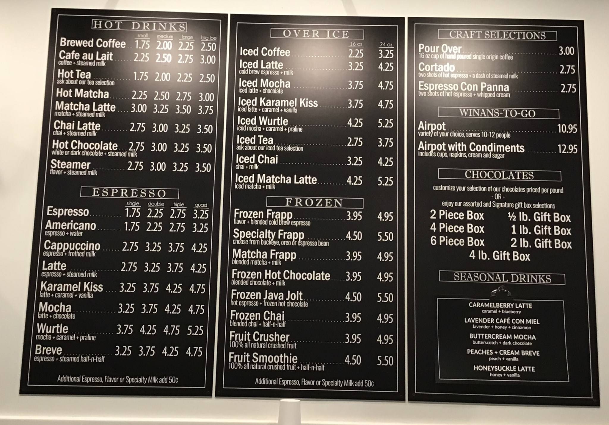Menu at Winans Coffee & Chocolate, Wapakoneta