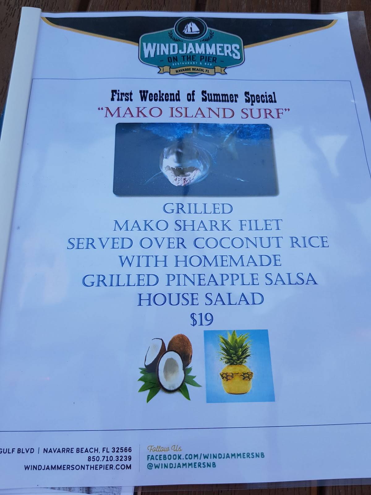 Menu at Windjammers on the Pier pub & bar, Navarre