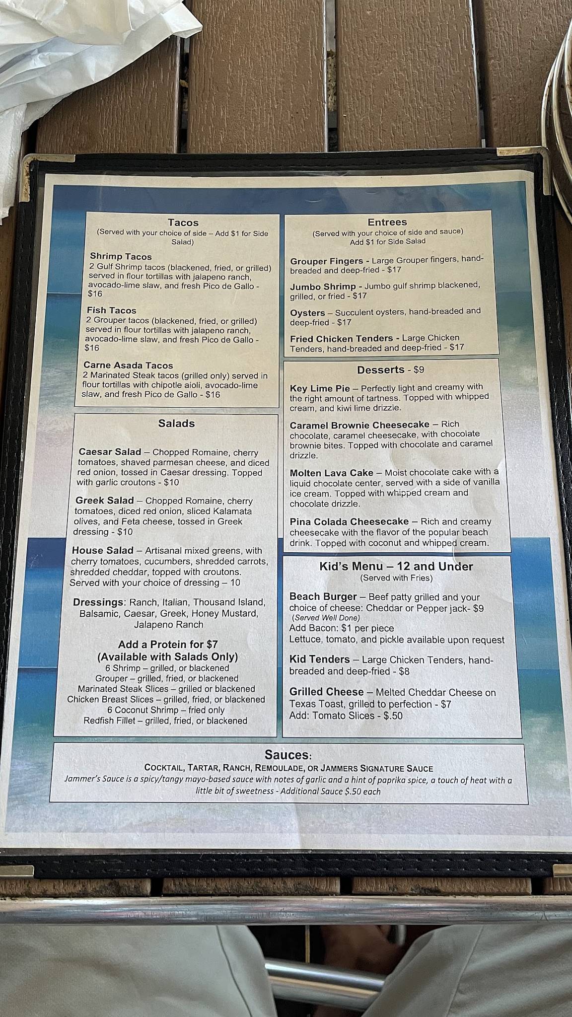 Menu at Windjammers on the Pier pub & bar, Navarre
