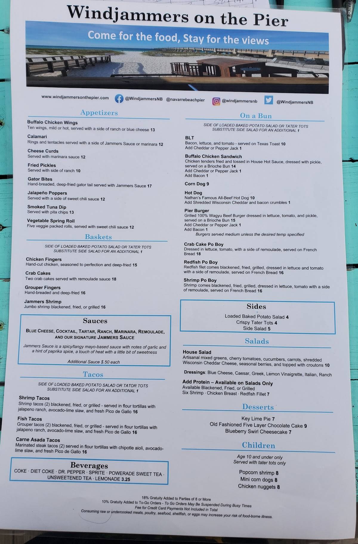 Menu at Windjammers on the Pier pub & bar, Navarre