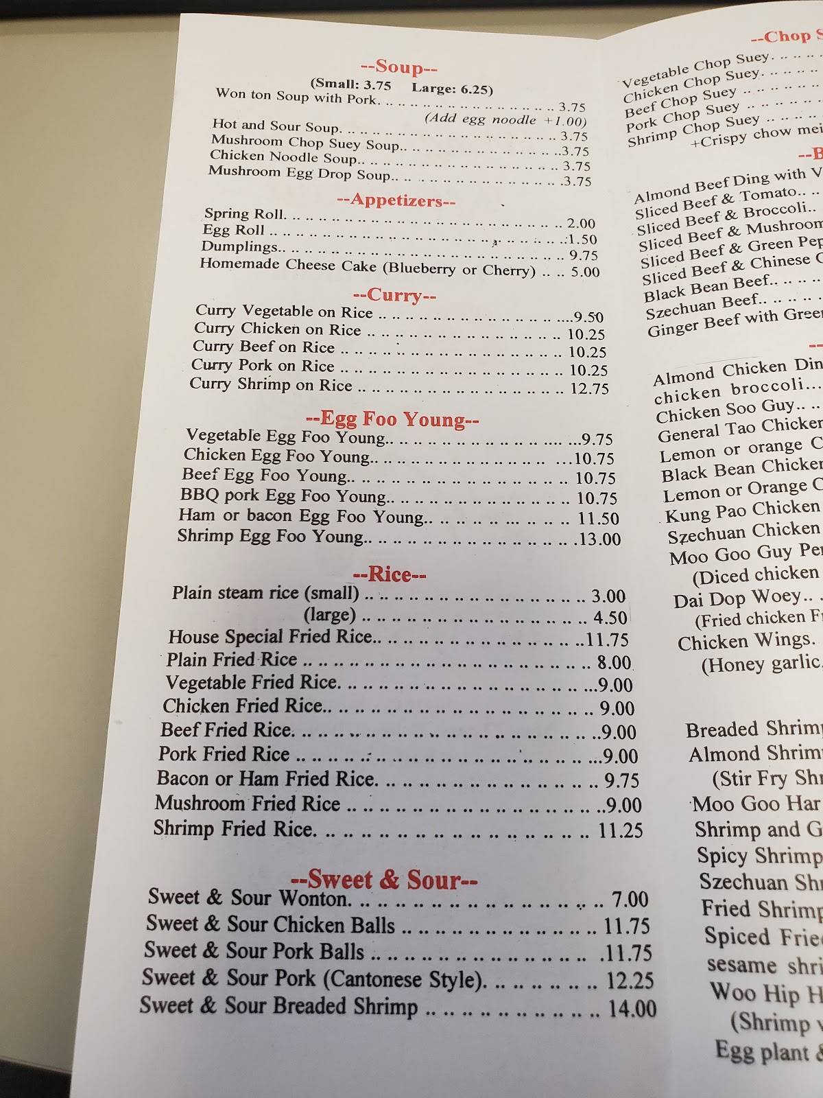 Menu at Wong's Garden Restaurant, Kingston