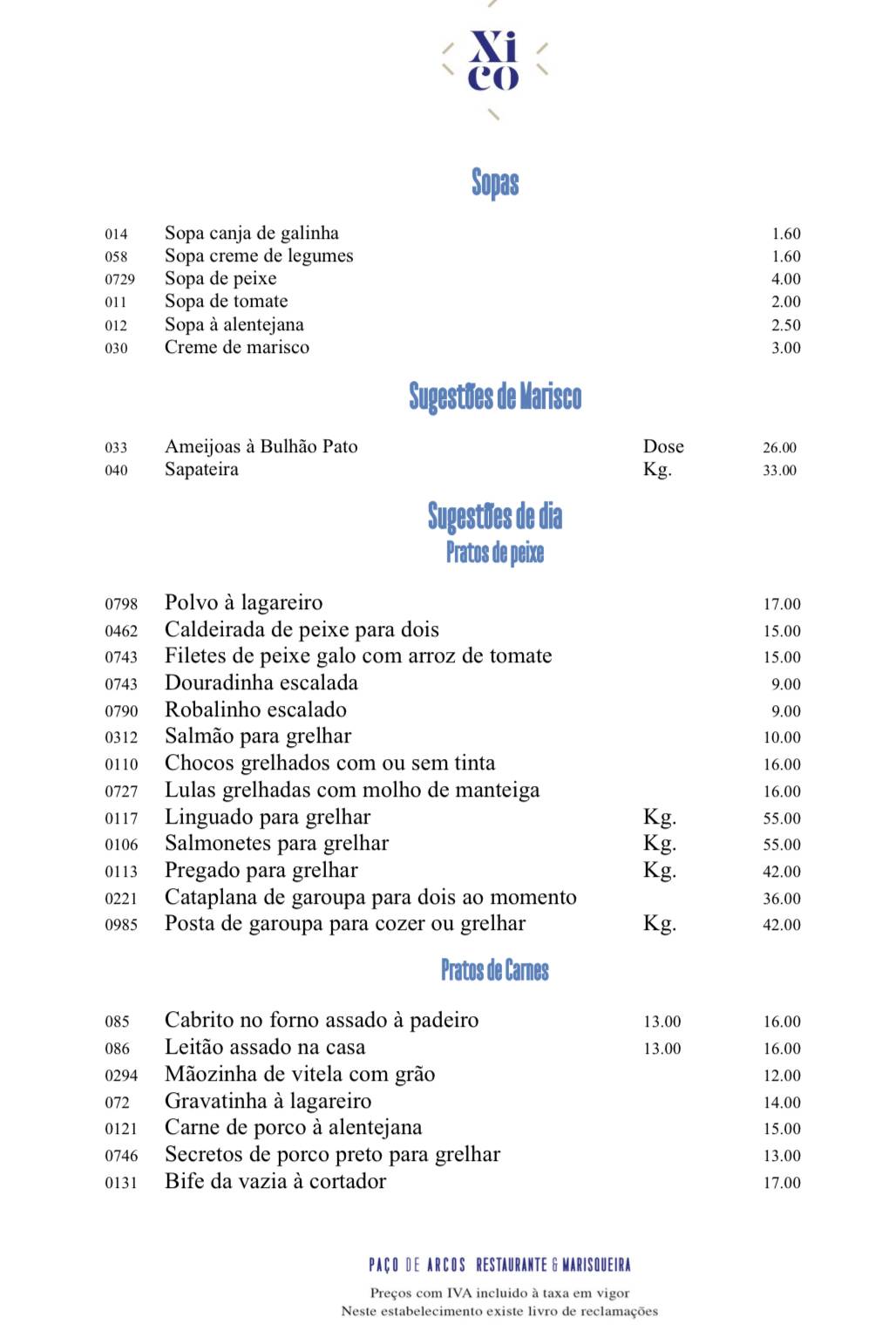 Menu at O Xico restaurant, Paço de Arcos
