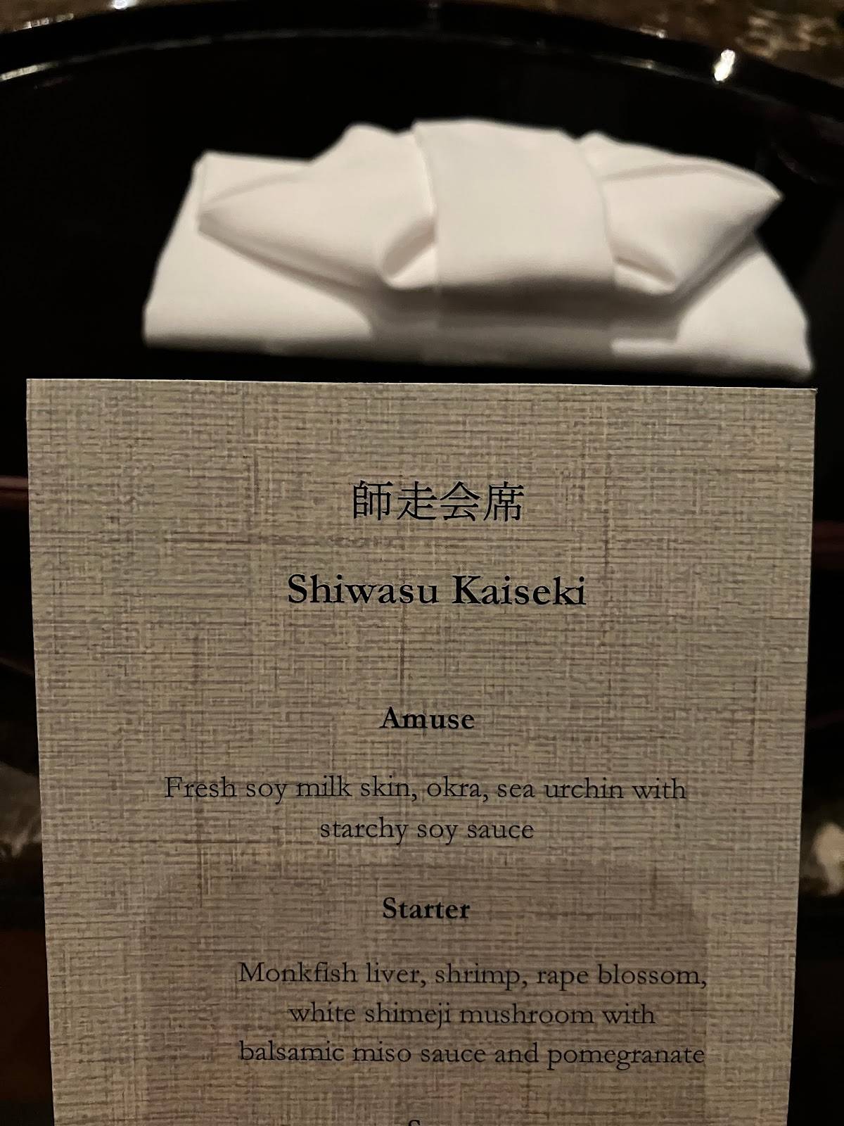 Menu at Yamazato restaurant, Bangkok