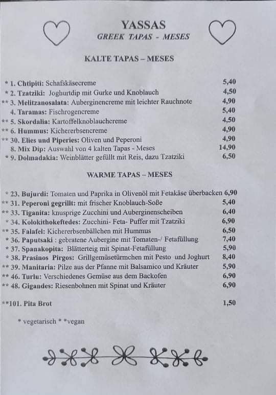 Speisekarte von Yassas Greek Tapas restaurant, Münster