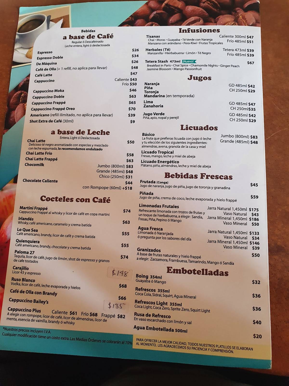 Carta de Café El Colibrí, Zapopan, Av. de Las Fuentes 68